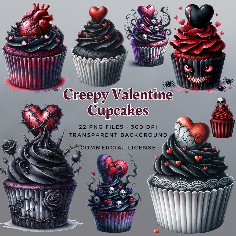 Creepy Valentine Cupcakes Watercolor Clipart Bundle. Clipart Set for ...
