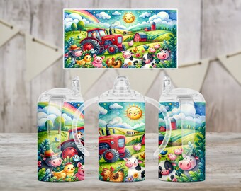 Colorful Farm Life Tractor Watercolor 12 Oz Kids Sippy Cup Wrap ...