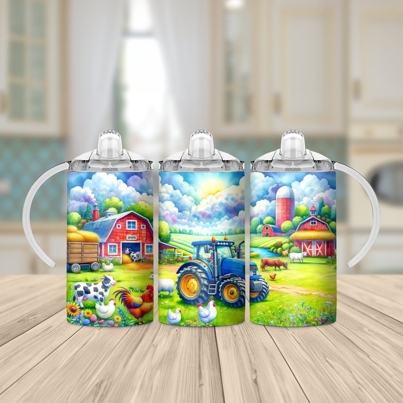 Colorful Farm Life Tractor Watercolor 12 Oz Kids Sippy Cup Wrap ...