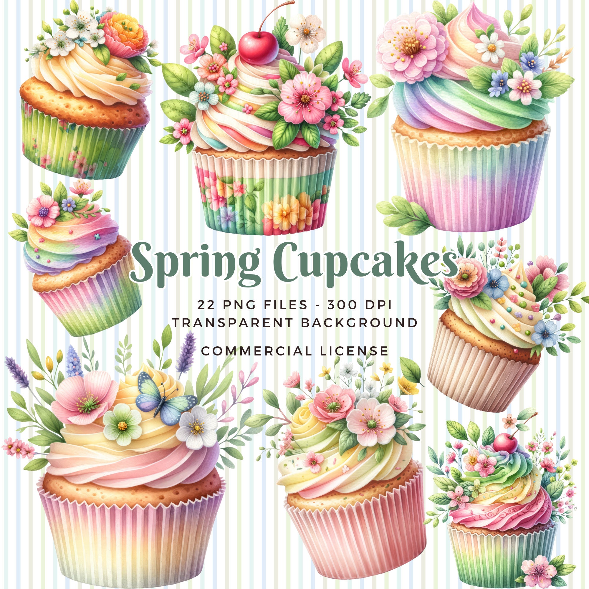 Floral Spring Cupcakes Pastel Watercolor Clipart Bundle. Clipart Set ...