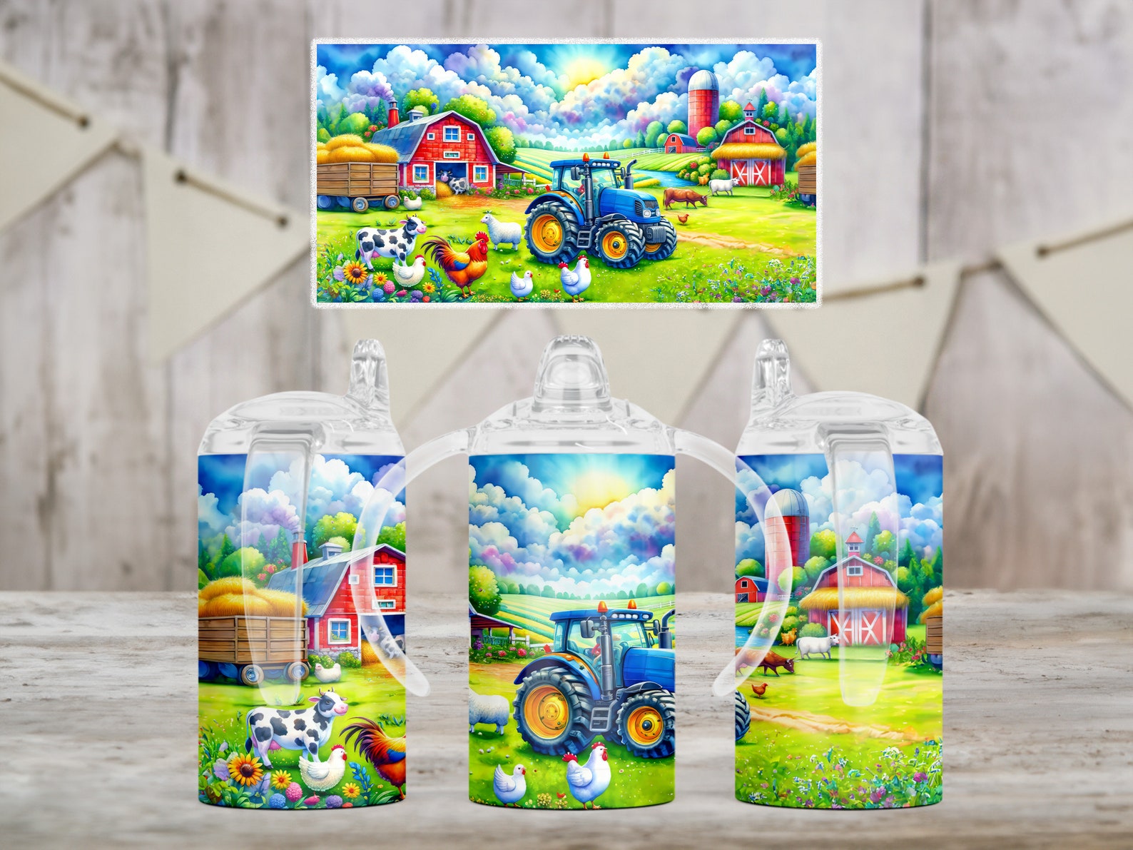 Colorful Farm Life Tractor Watercolor 12 Oz Kids Sippy Cup Wrap ...