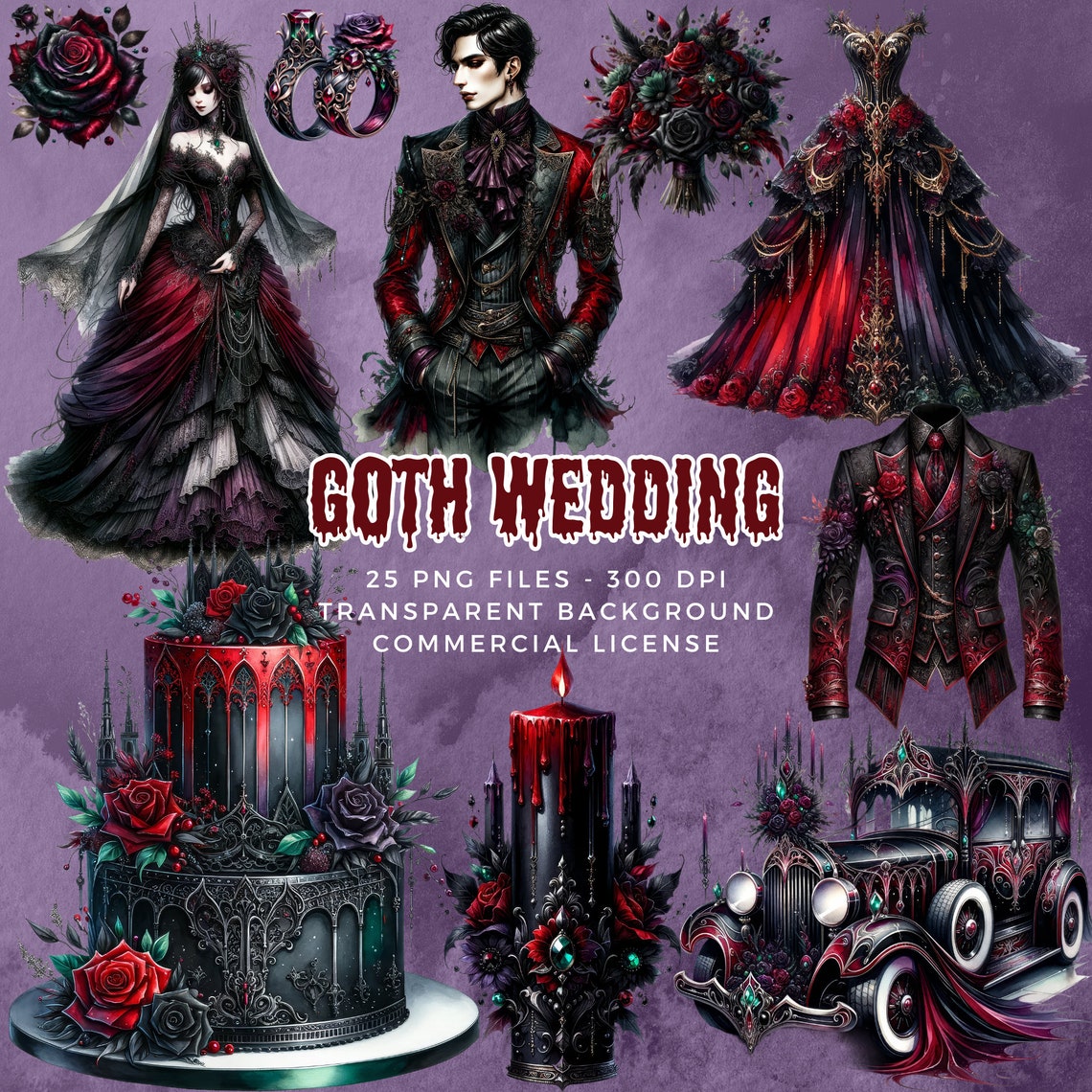 Dark Goth Wedding Elements Watercolor Clipart Bundle. Clipart Set for ...