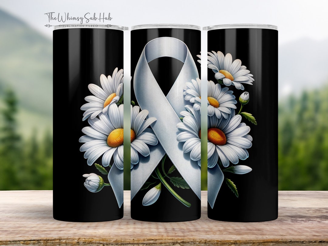 White Cancer Awareness Ribbon With Daisies 20 & 30 Oz Straight Skinny ...