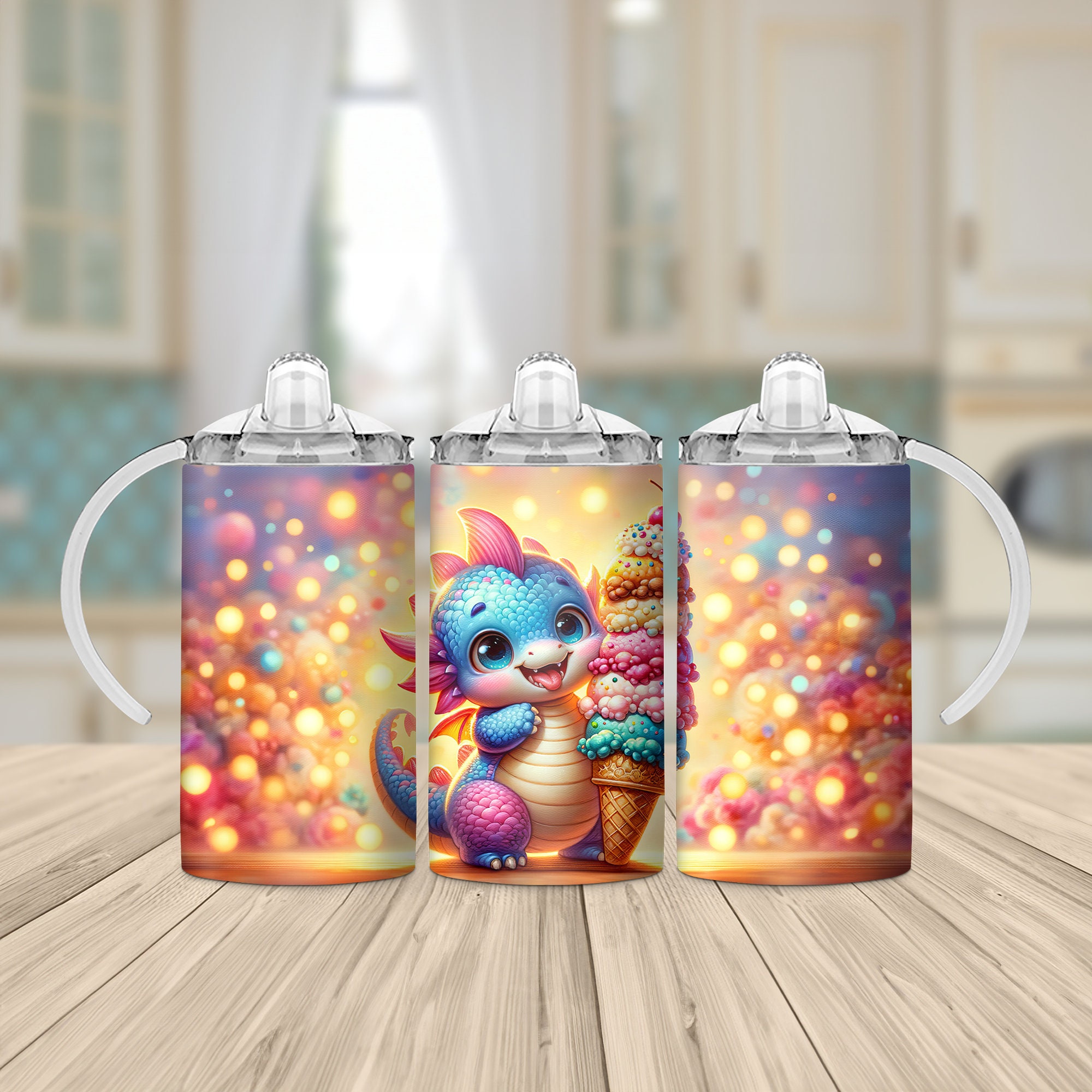 Cute Dragon With an Ice Cream Watercolor 12 Oz Kids Sippy Cup Straight ...