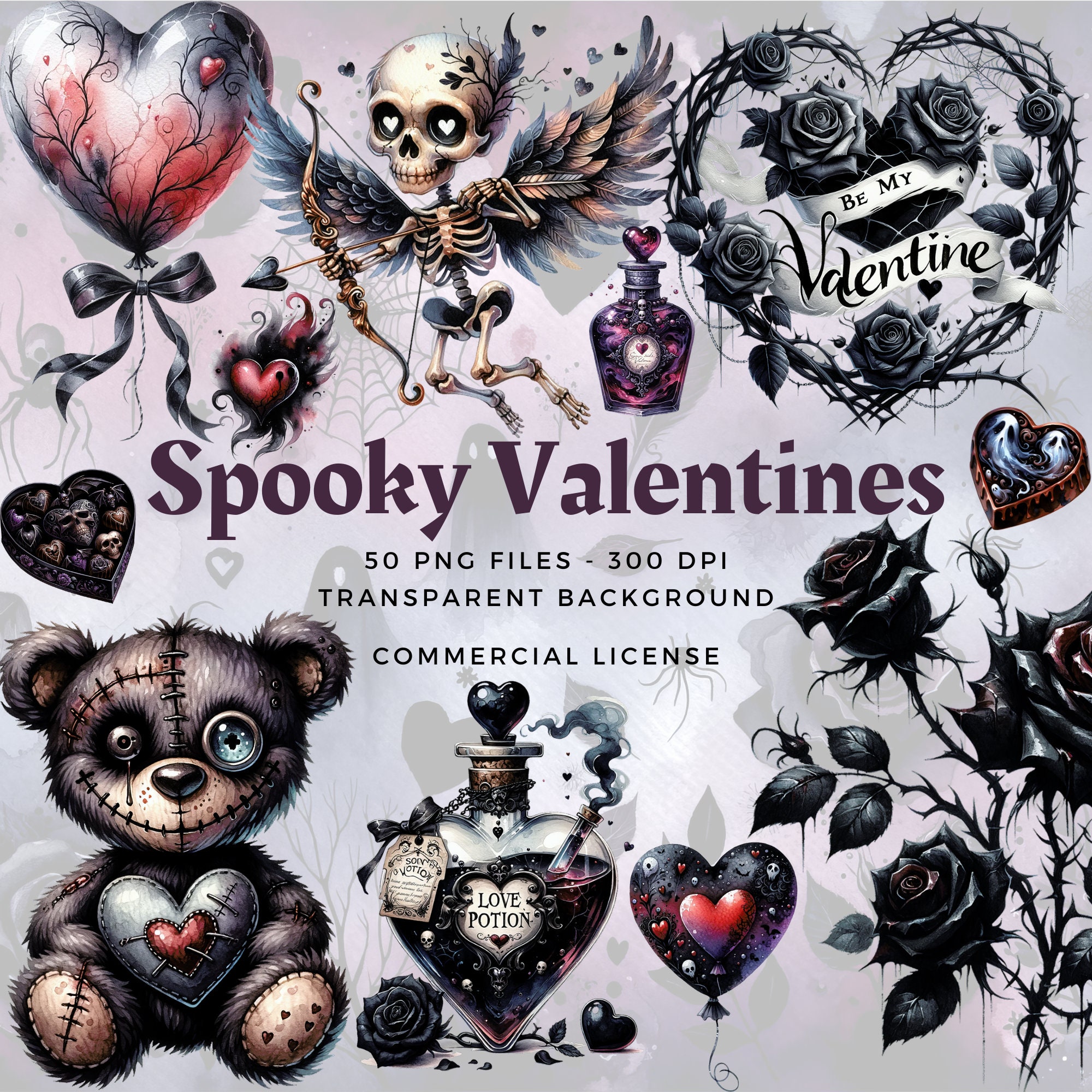 Spooky Valentine's Watercolor Clipart Bundle. Dark Themed Clipart Set ...