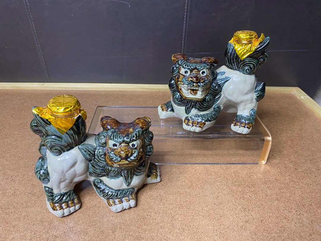 2 Japanese Okinawa Shisa Foo Lion Dog Empty Sake Ceramic Bottle Vintage ...