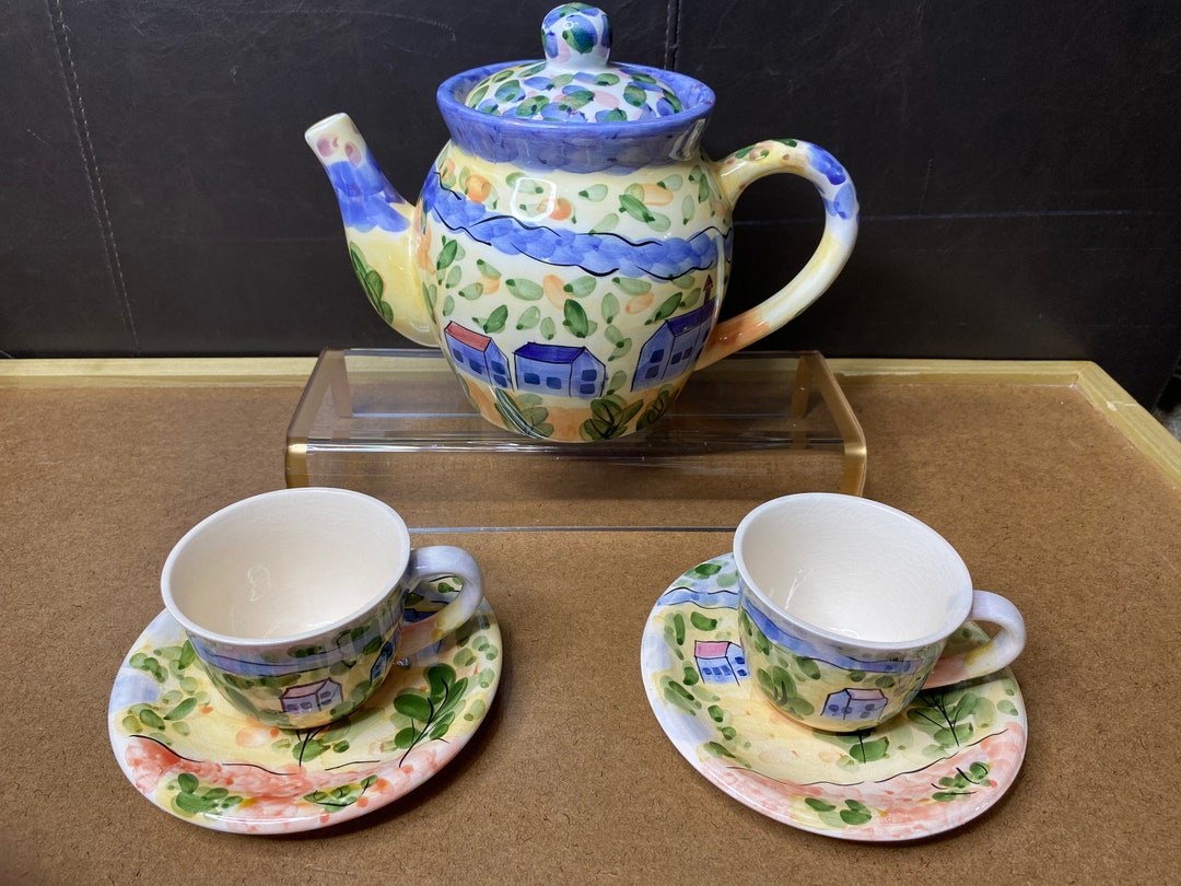 BELLA CASA by GANZ Hand Painted Ceramic Tea Pot and Cup Set Whimsical ...