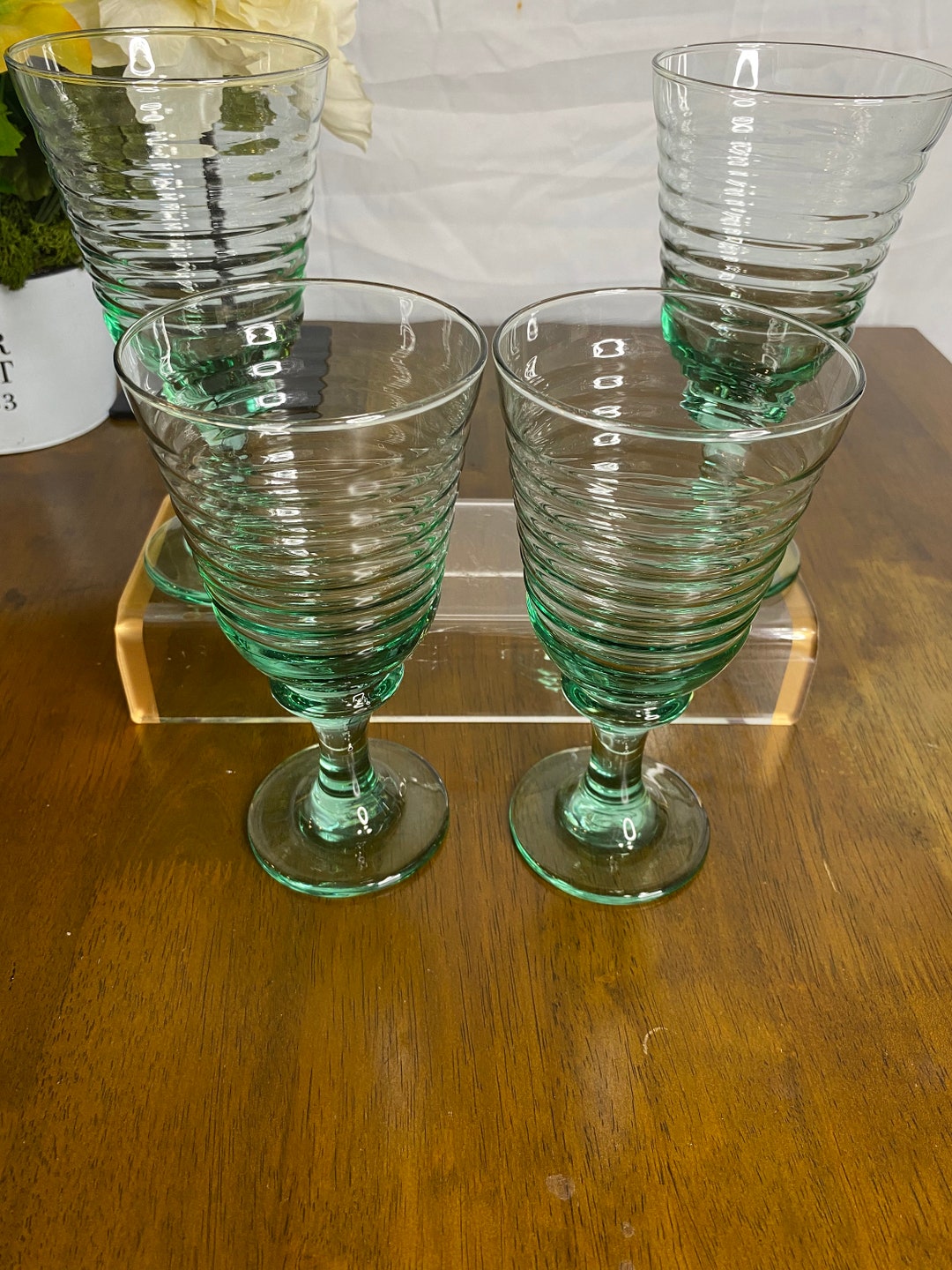 Set of 4 Vintage Libbey Glass Sirrus Green (spanish Green) Ribbed Water ...
