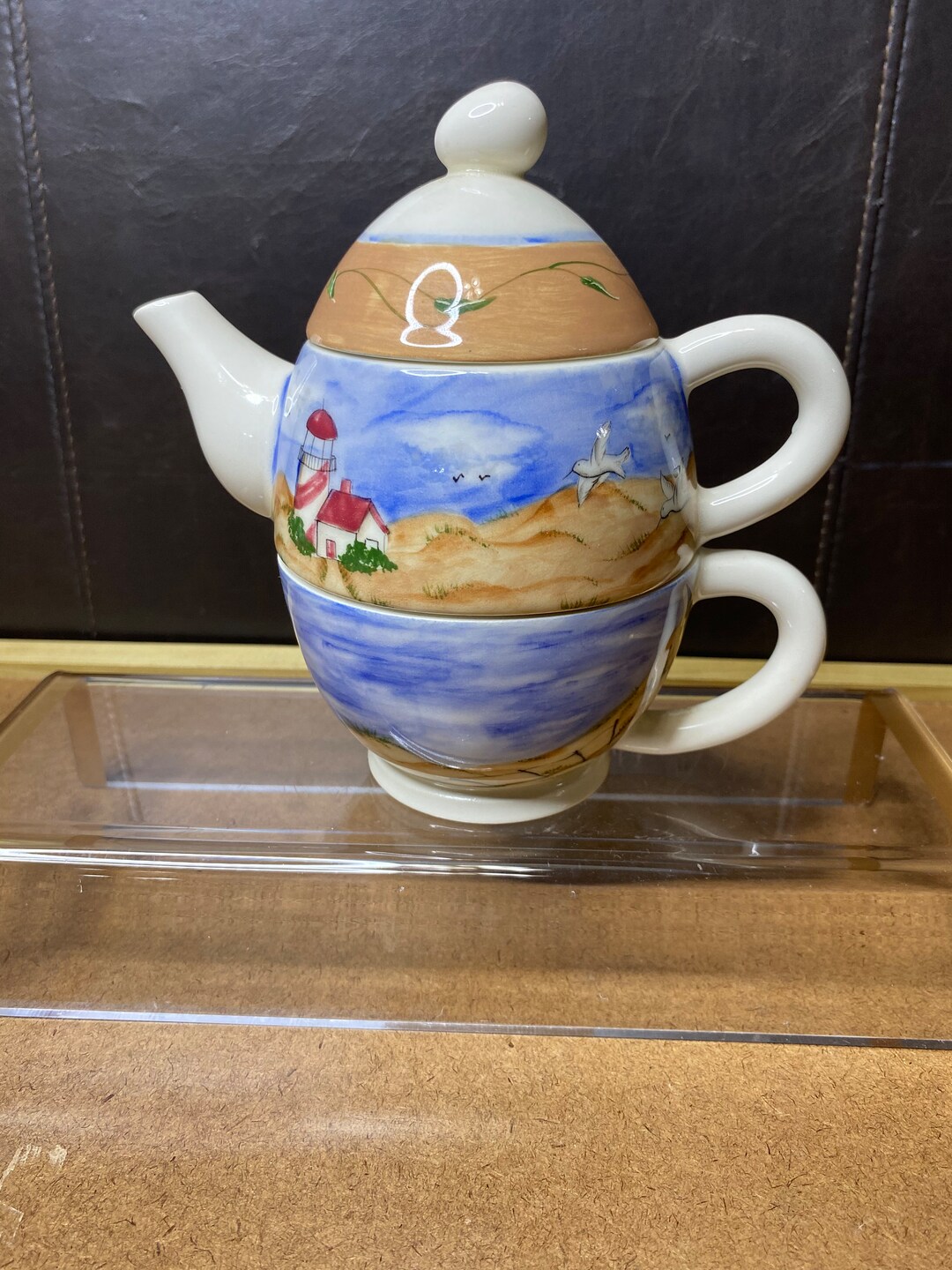 Bella Casa by Ganz Tea for 1 Teapot 3pc Set Nesting Cup Lid Lighthouse ...