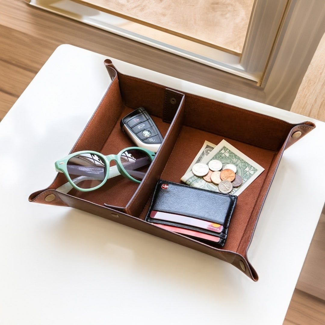 Personalized Hand Crafted Leather Office Desk Organizer, Catch All Tray ...