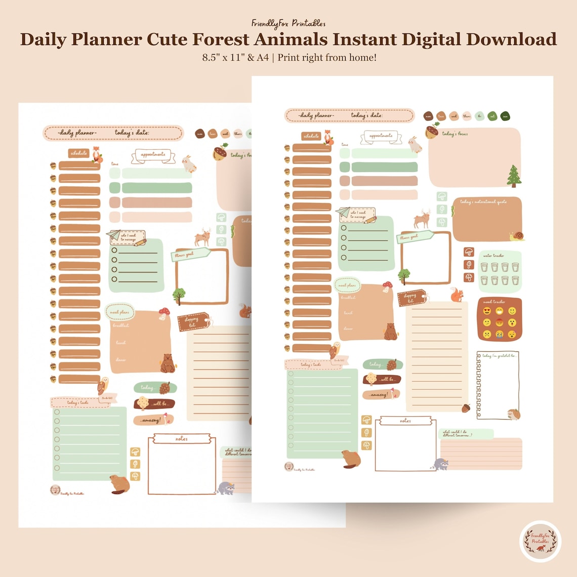 Daily Planner Digital Printable Download Cute Forest Animals Daily ...