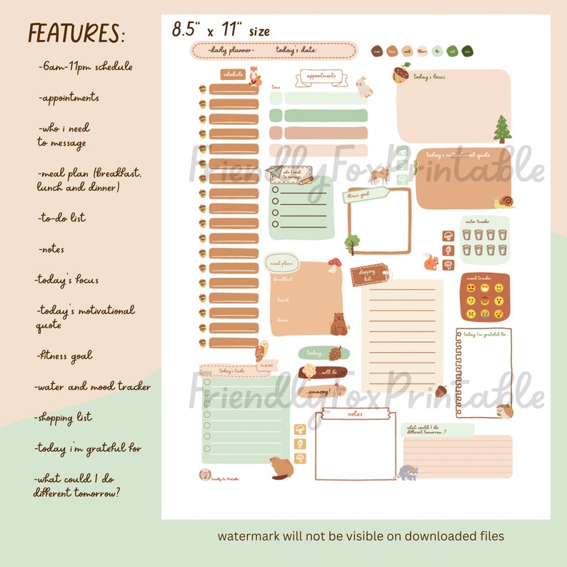 Daily Planner Digital Printable Download Cute Forest Animals Daily ...