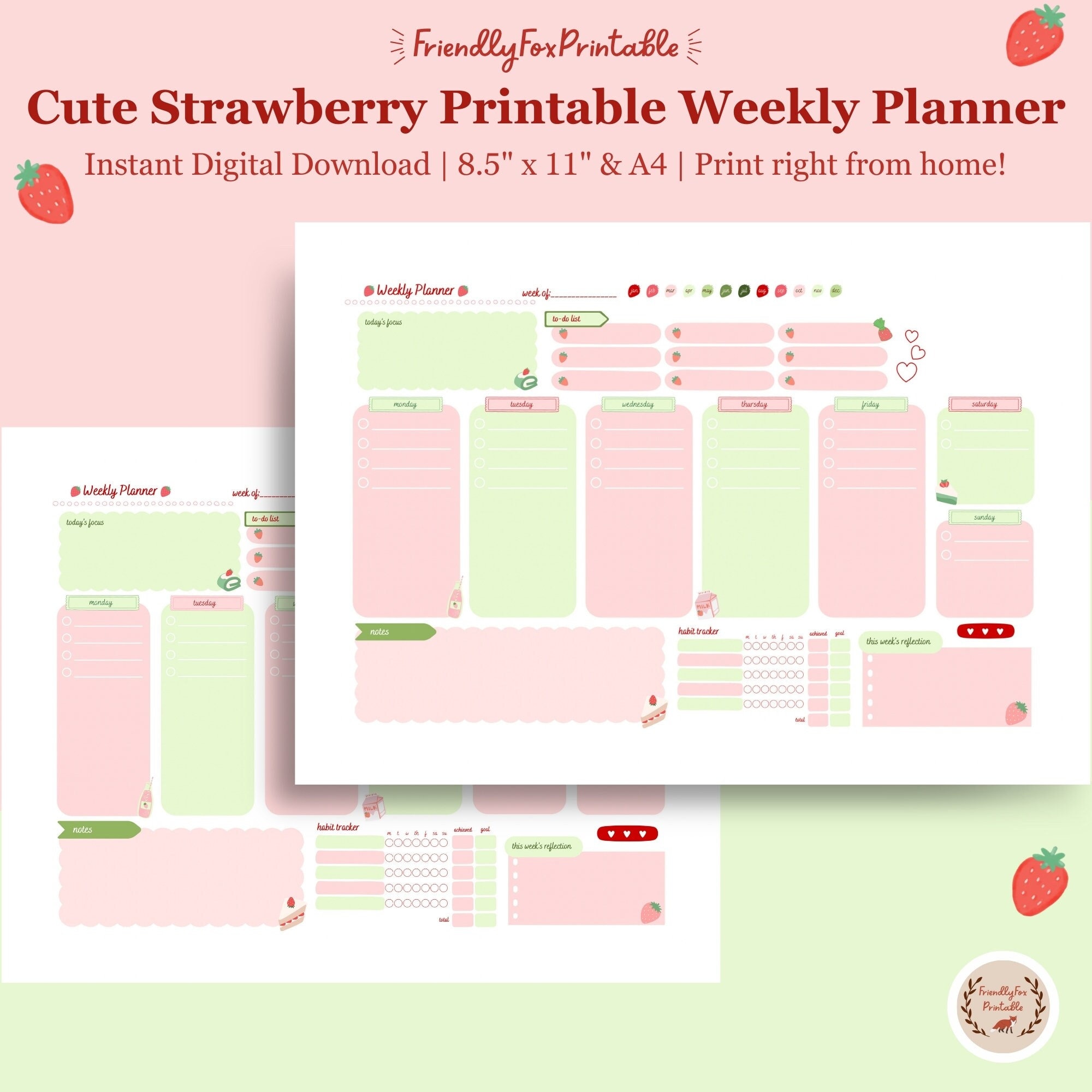 Cute Strawberry Printable Weekly Planner Kawaii Pink Weekly Planner ...