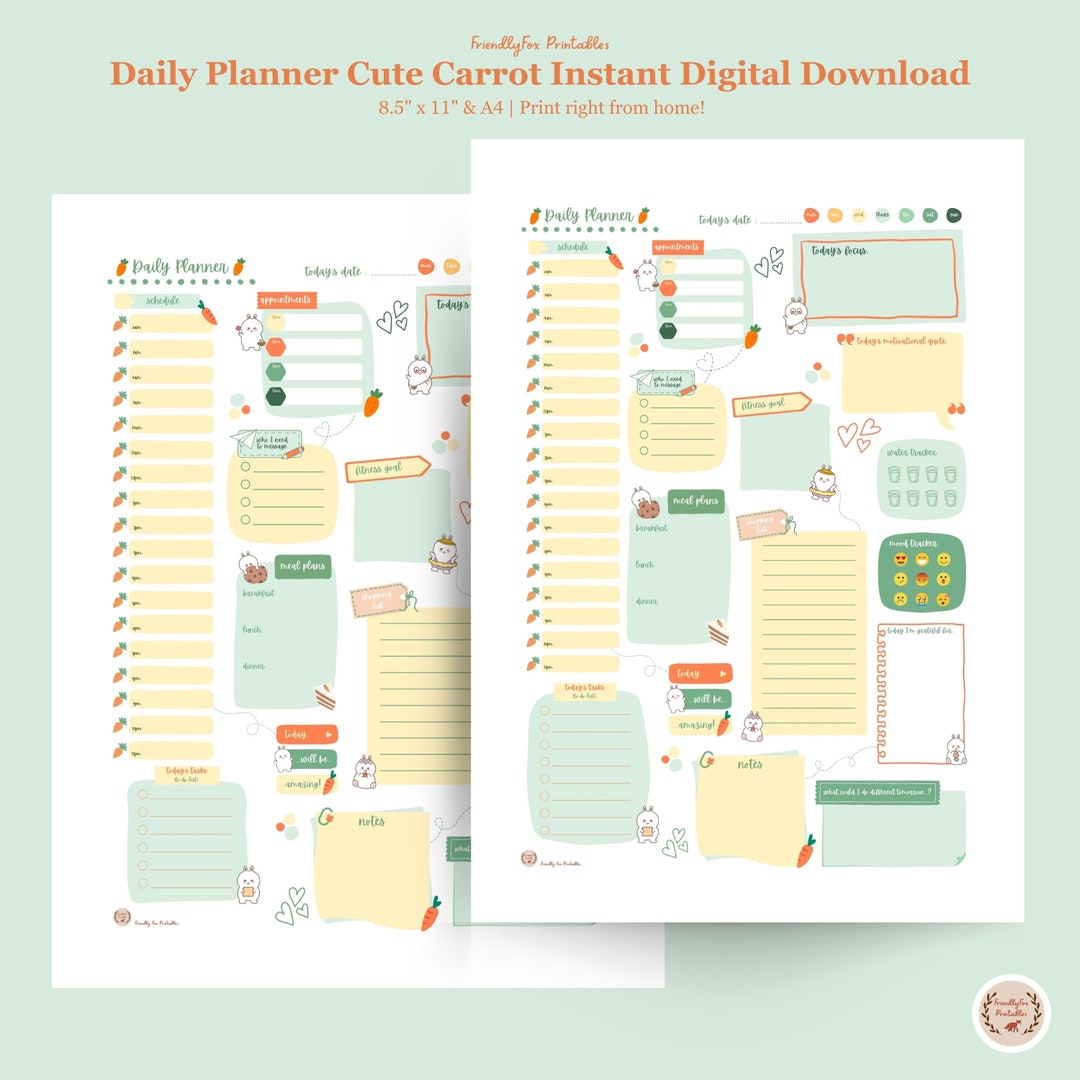 Daily Planner Digital Printable Download Cute Carrot & Bunnies Daily ...