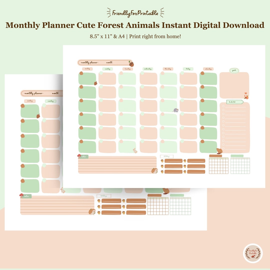 Monthly Planner Digital Printable Download | Cute Kawaii Forest Animal ...