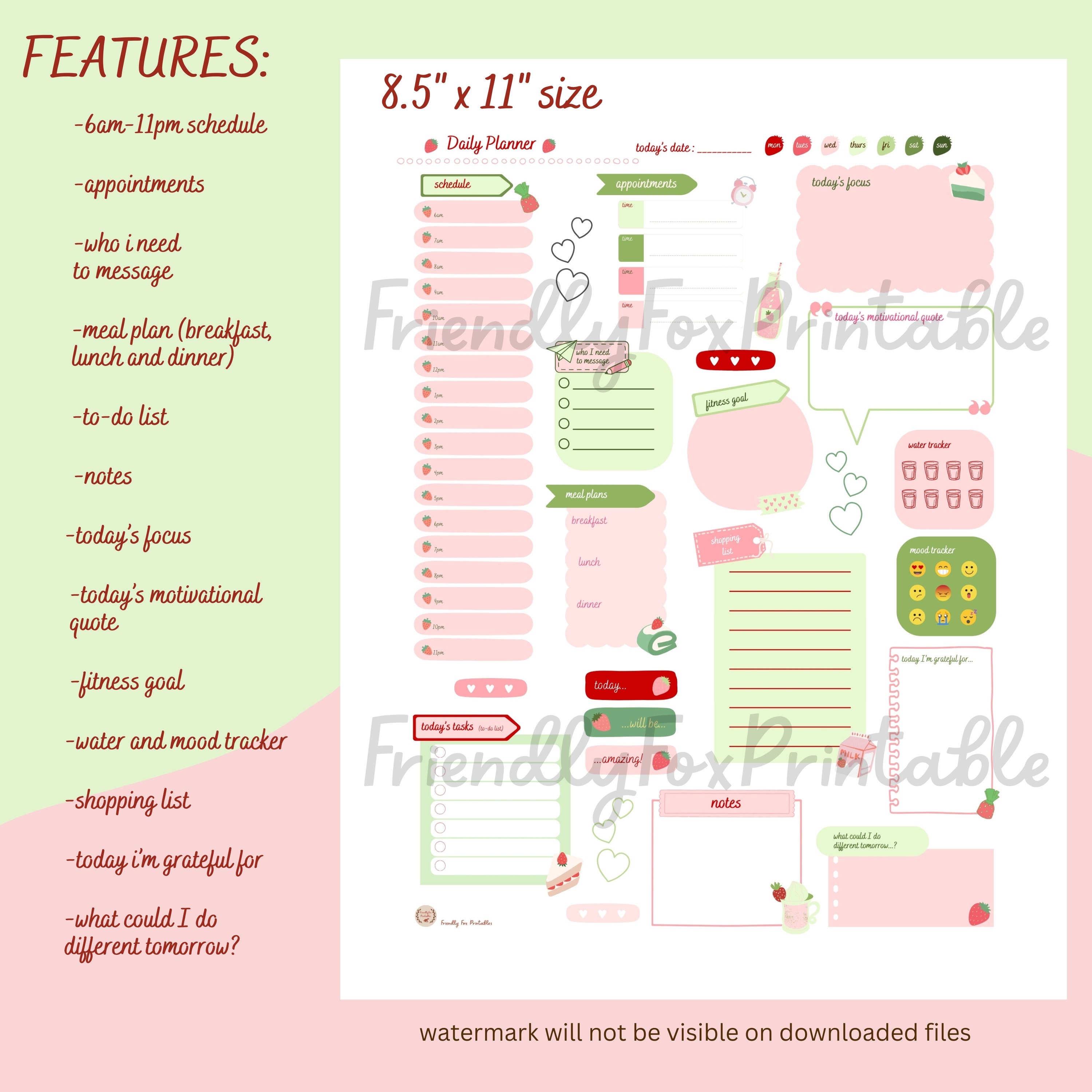 Daily Planner Digital Printable Download | Cute Strawberry Daily ...