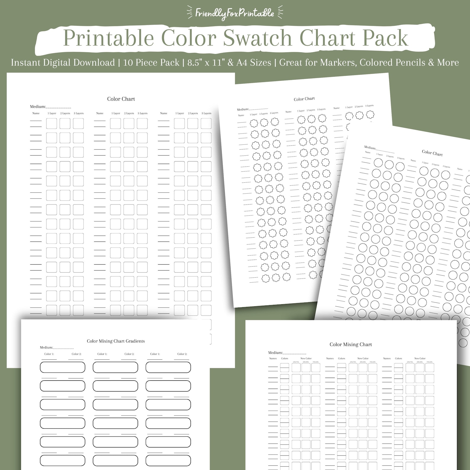 Printable Color Swatch Chart Pack for Colored Pencils Markers | DIY ...