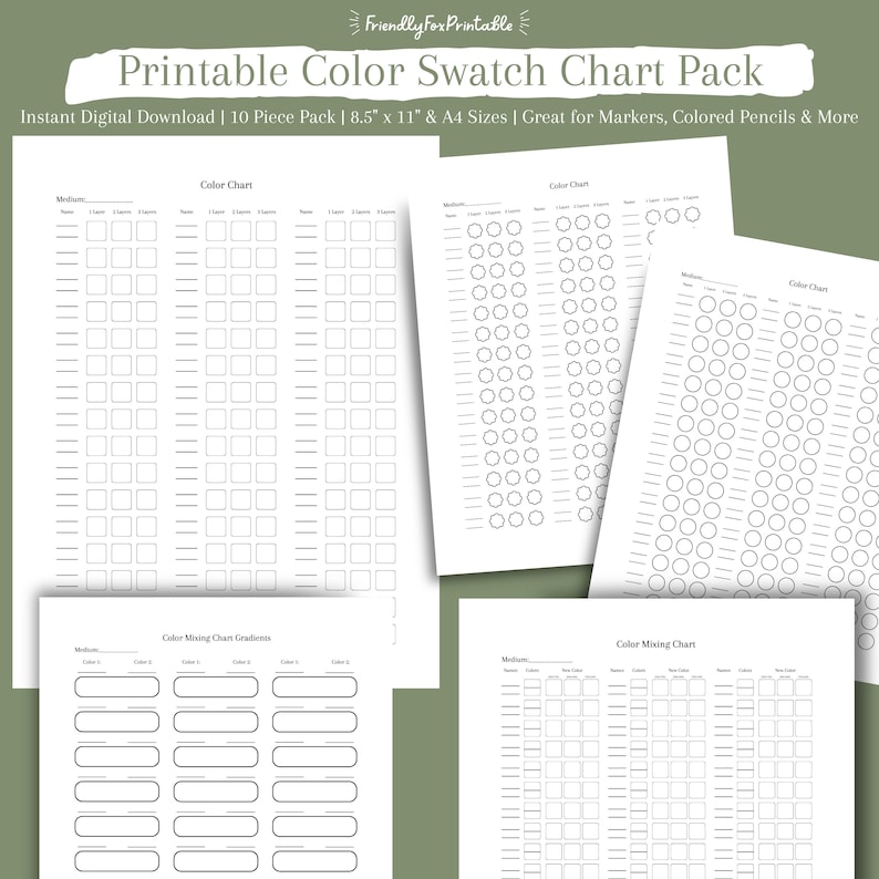 Printable Color Swatch Chart Pack for Colored Pencils Markers | DIY ...