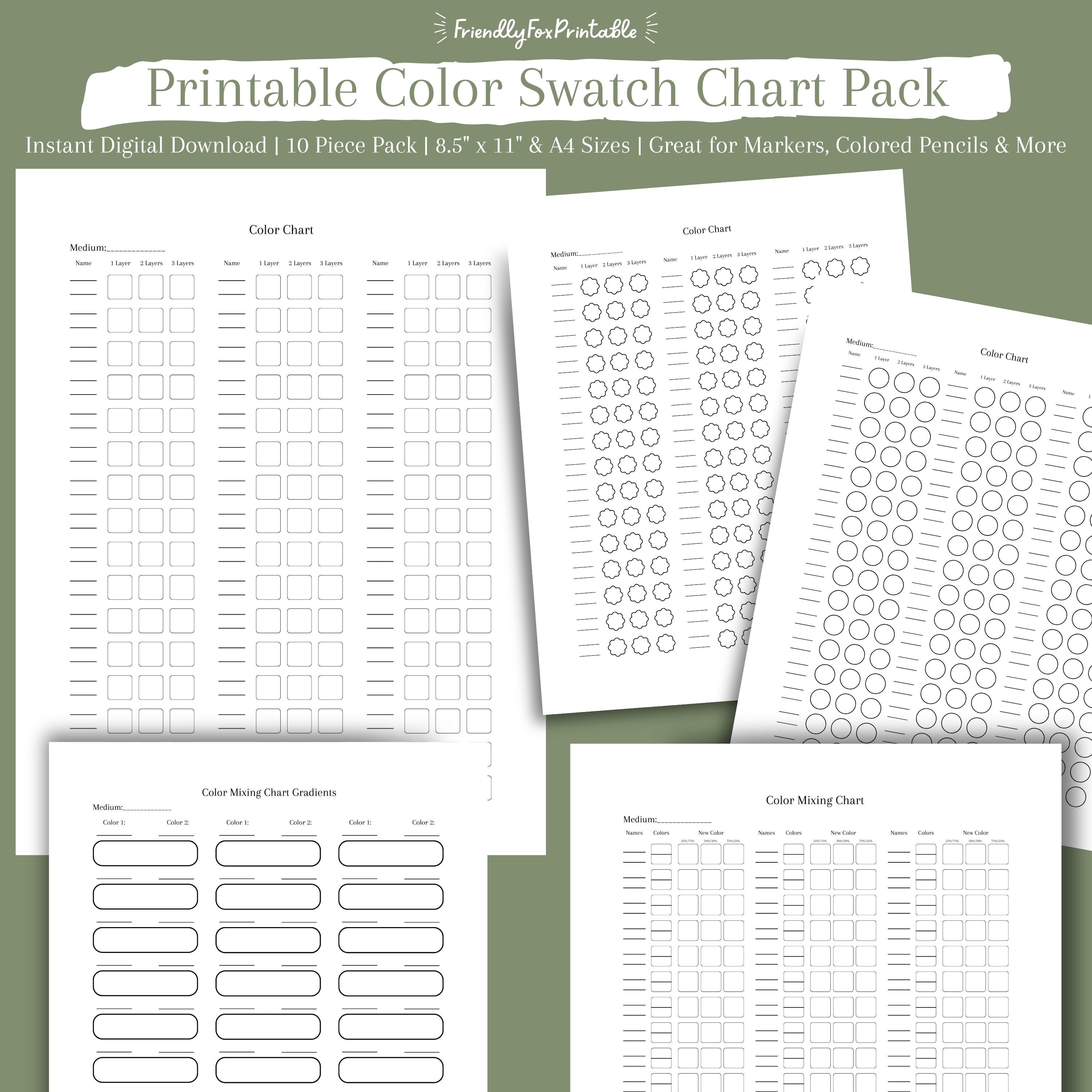 Printable Color Swatch Chart Pack for Colored Pencils Markers | DIY ...