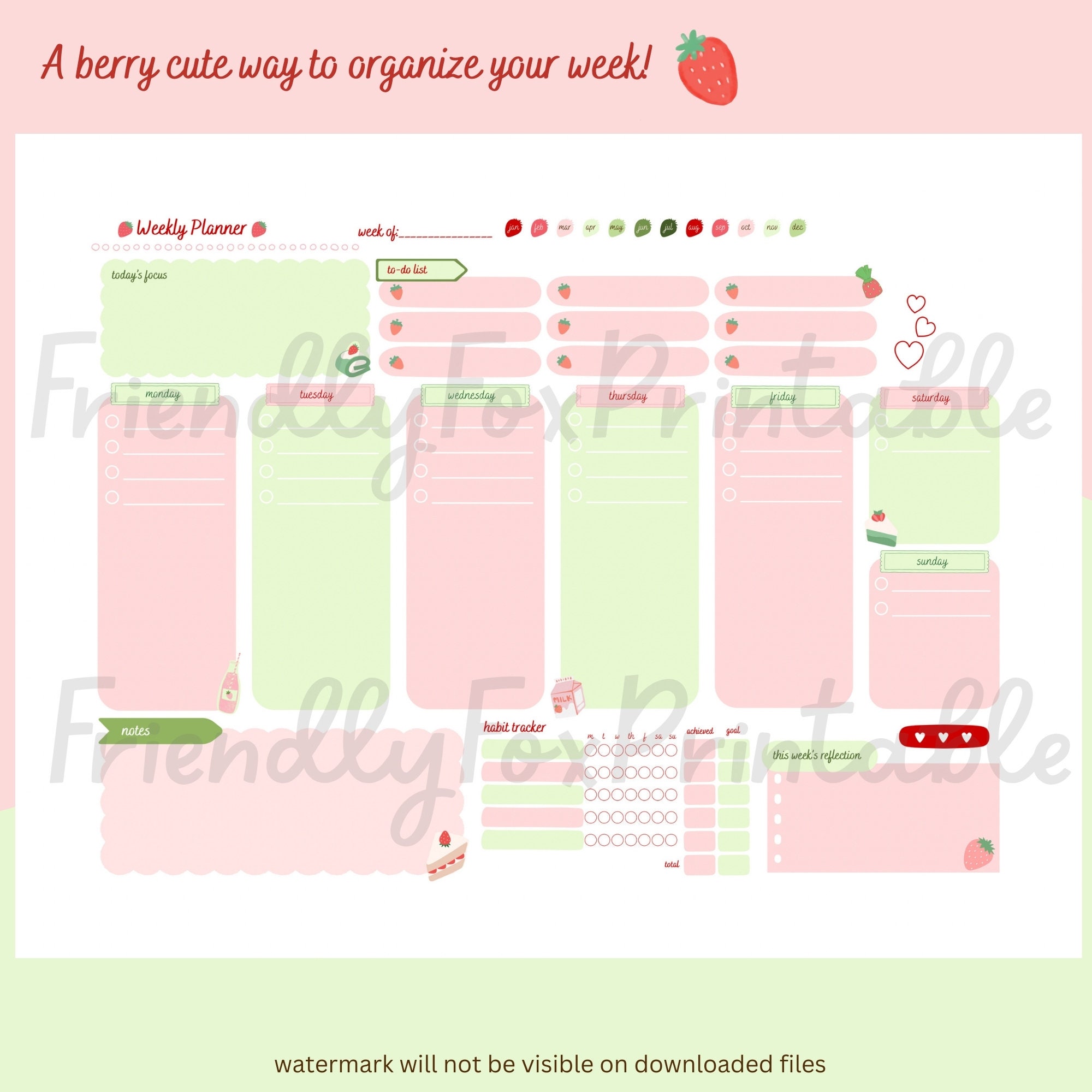 Cute Strawberry Printable Weekly Planner Kawaii Pink Weekly Planner ...