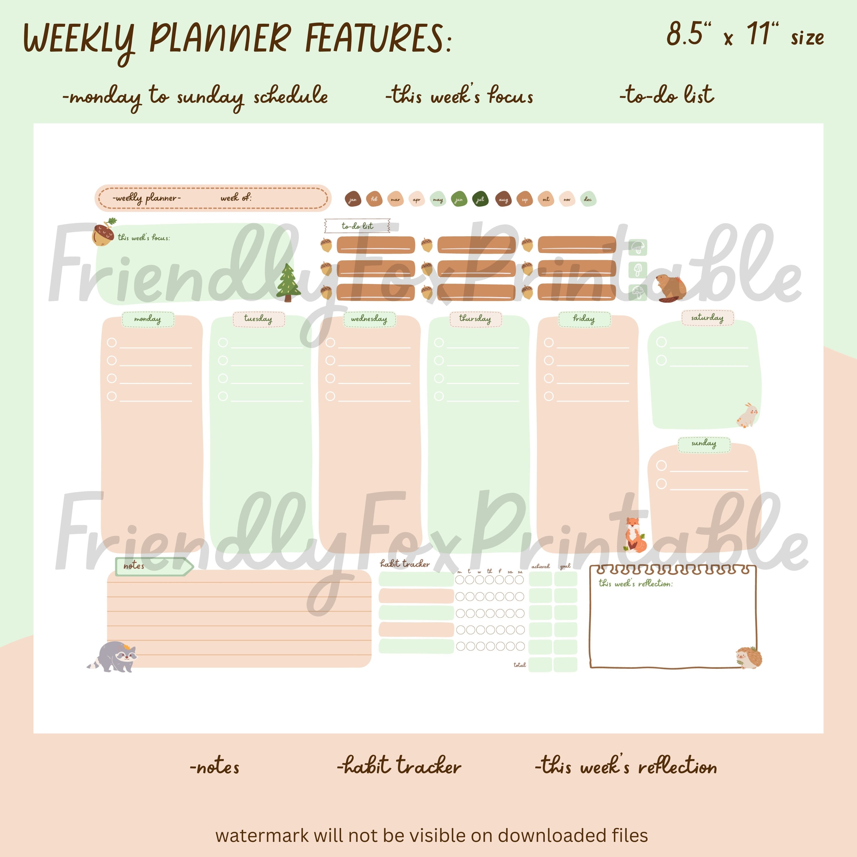 Weekly Planner Digital Printable Download Cute Forest Animals Weekly ...