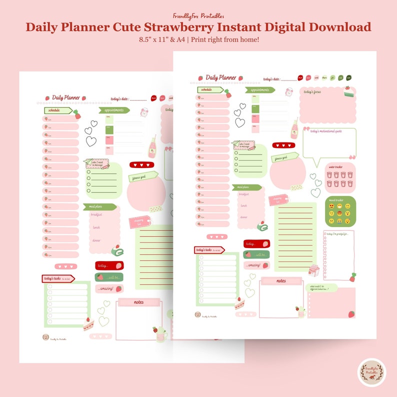 Daily Planner Digital Printable Download | Cute Strawberry Daily ...