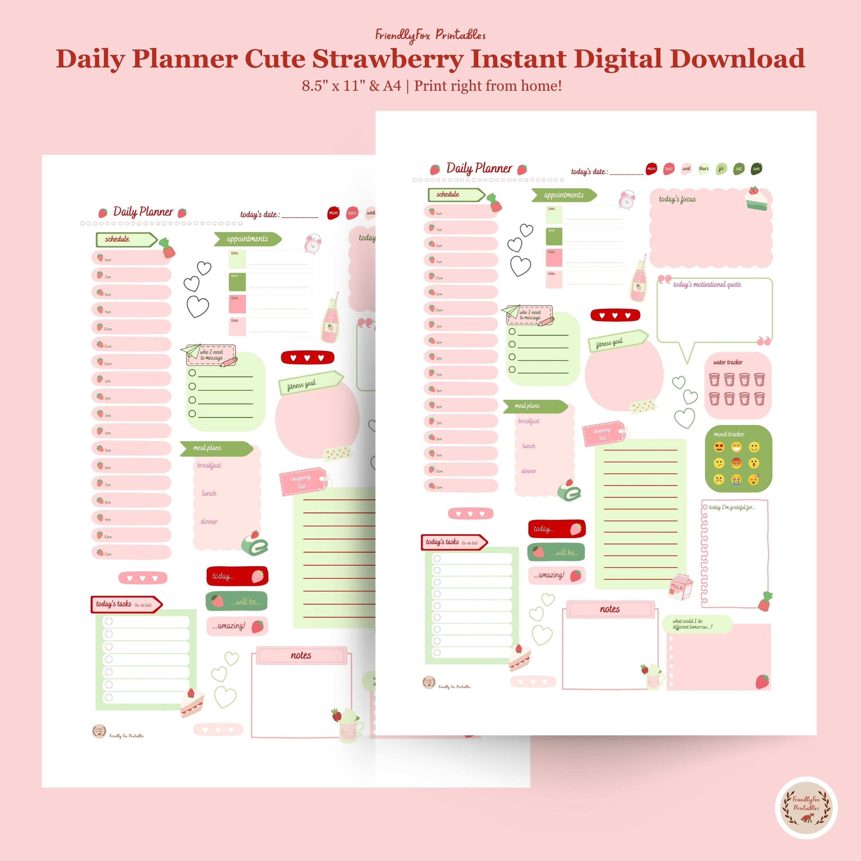 Daily Planner Digital Printable Download | Cute Strawberry Daily ...