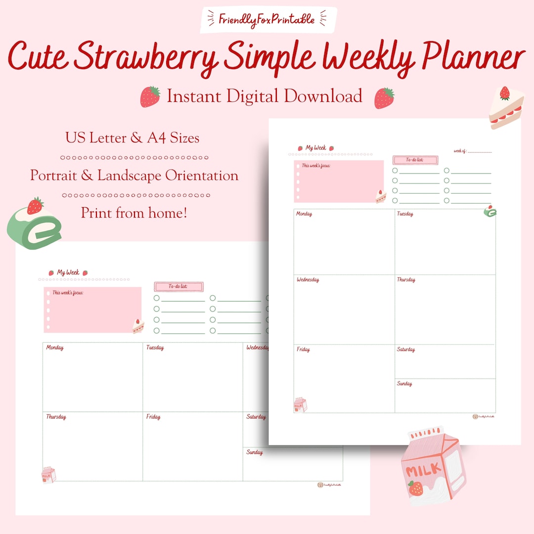 Weekly Planner Digital Printable Download | Cute Strawberry Weekly ...