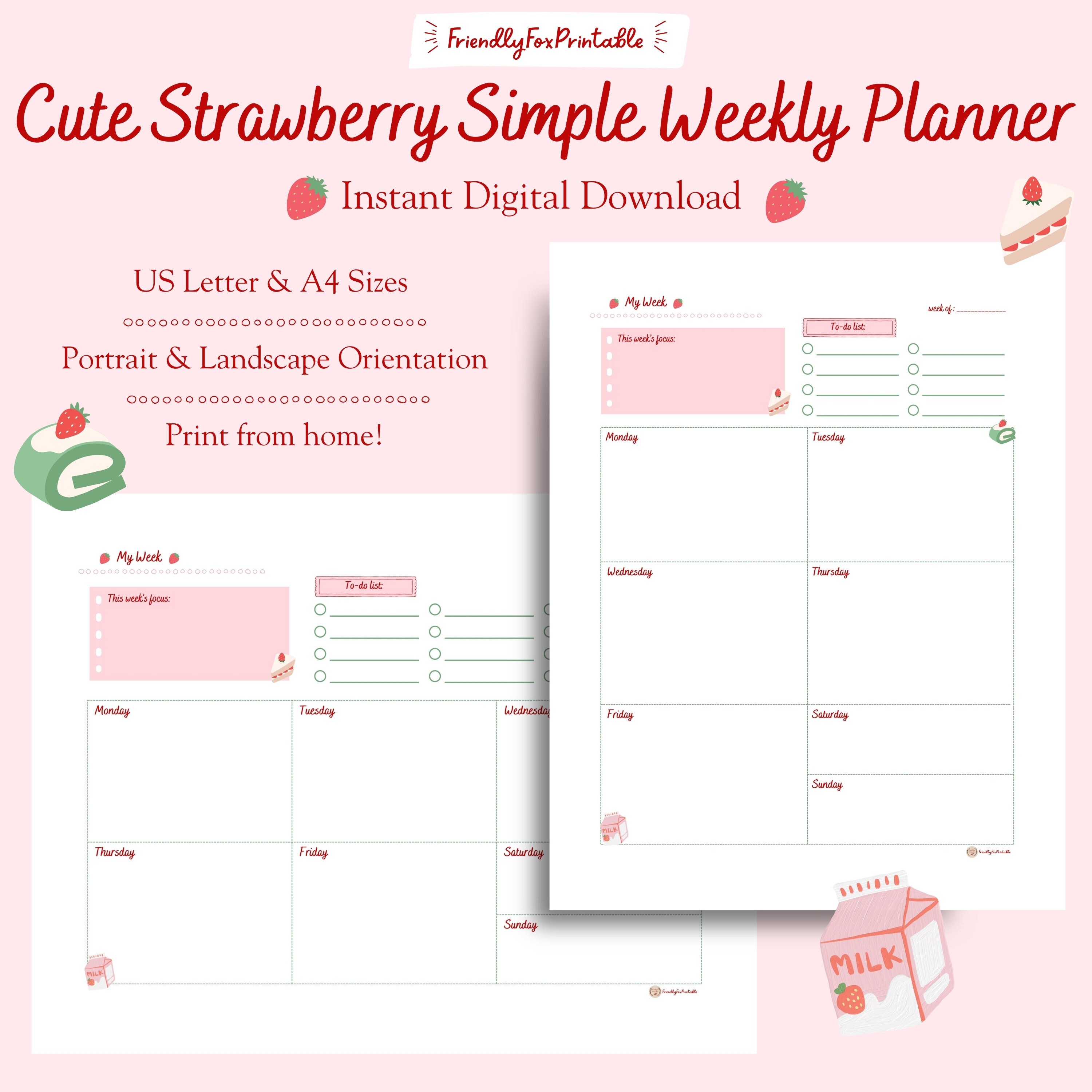 Weekly Planner Digital Printable Download | Cute Strawberry Weekly ...