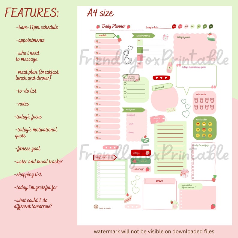 Daily Planner Digital Printable Download | Cute Strawberry Daily ...