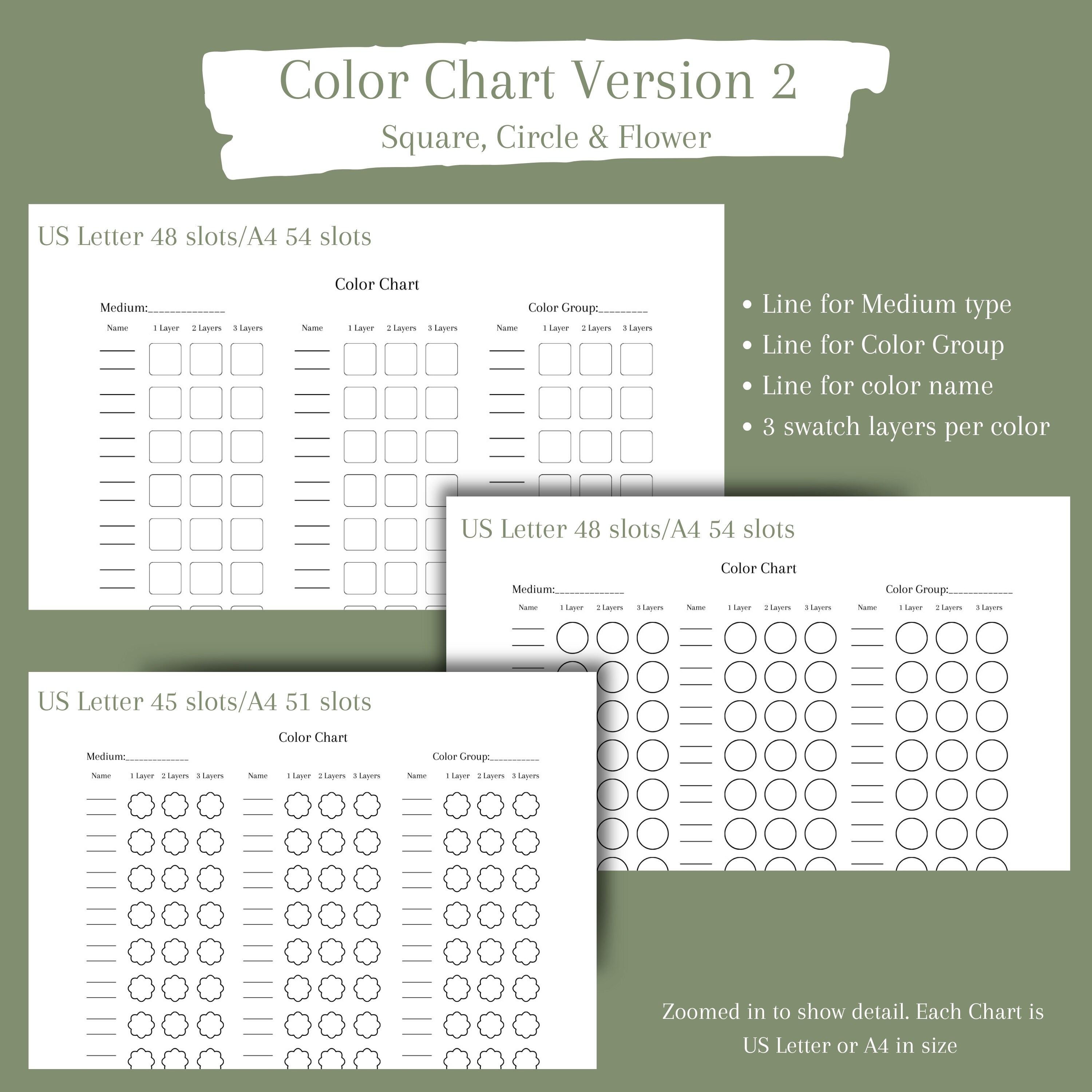 Printable Color Swatch Chart Pack for Colored Pencils Markers DIY Color ...