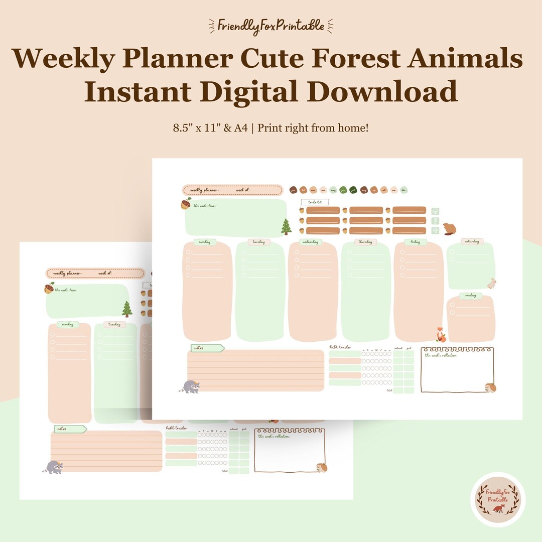 Weekly Planner Digital Printable Download Cute Forest Animals Weekly ...