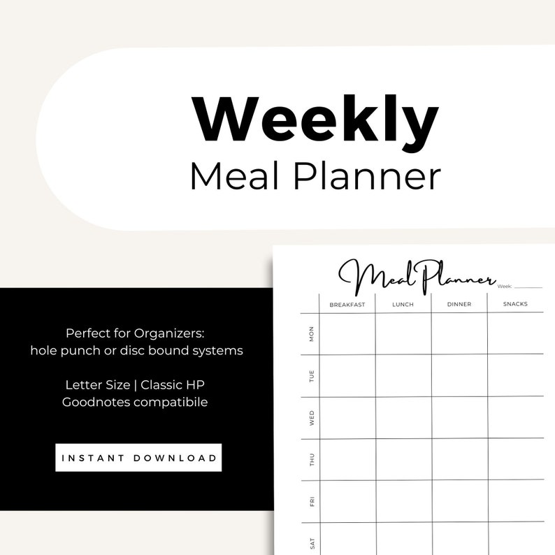 INSTANT DOWNLOAD Weekly Meal Planner Printable, 7 Day Menu Planner ...