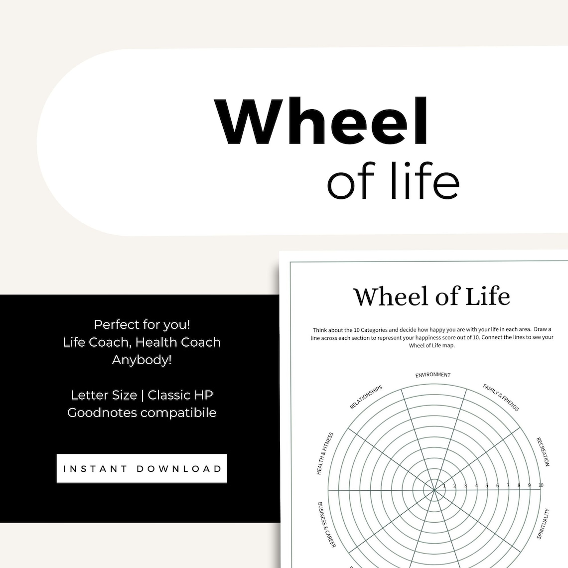 INSTANT DOWNLOAD Wheel of Life PDF Printable, Wheel of Life Template ...