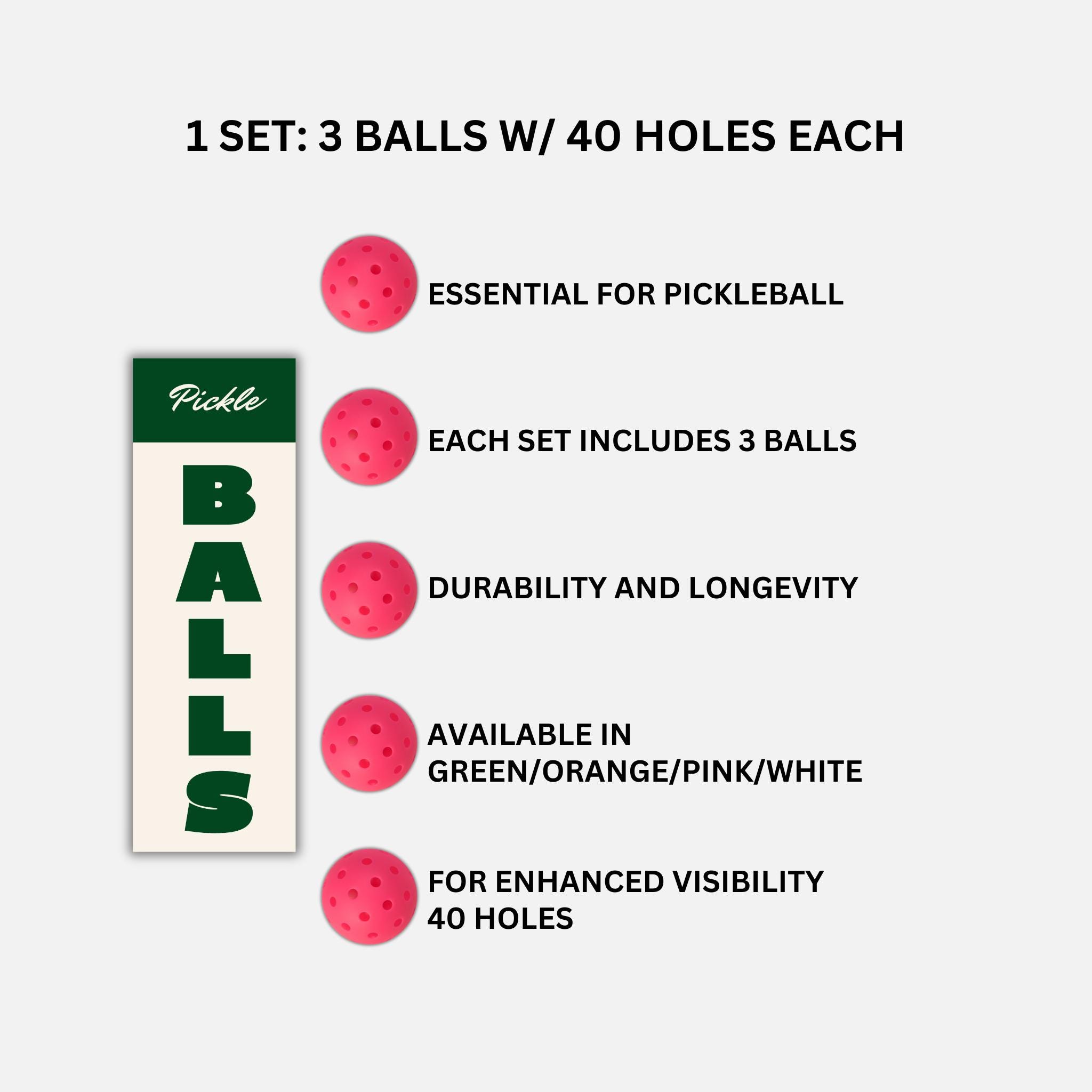 Pink Pickleball Balls - Set of 3 Durable Balls in Bright Green, Orange ...