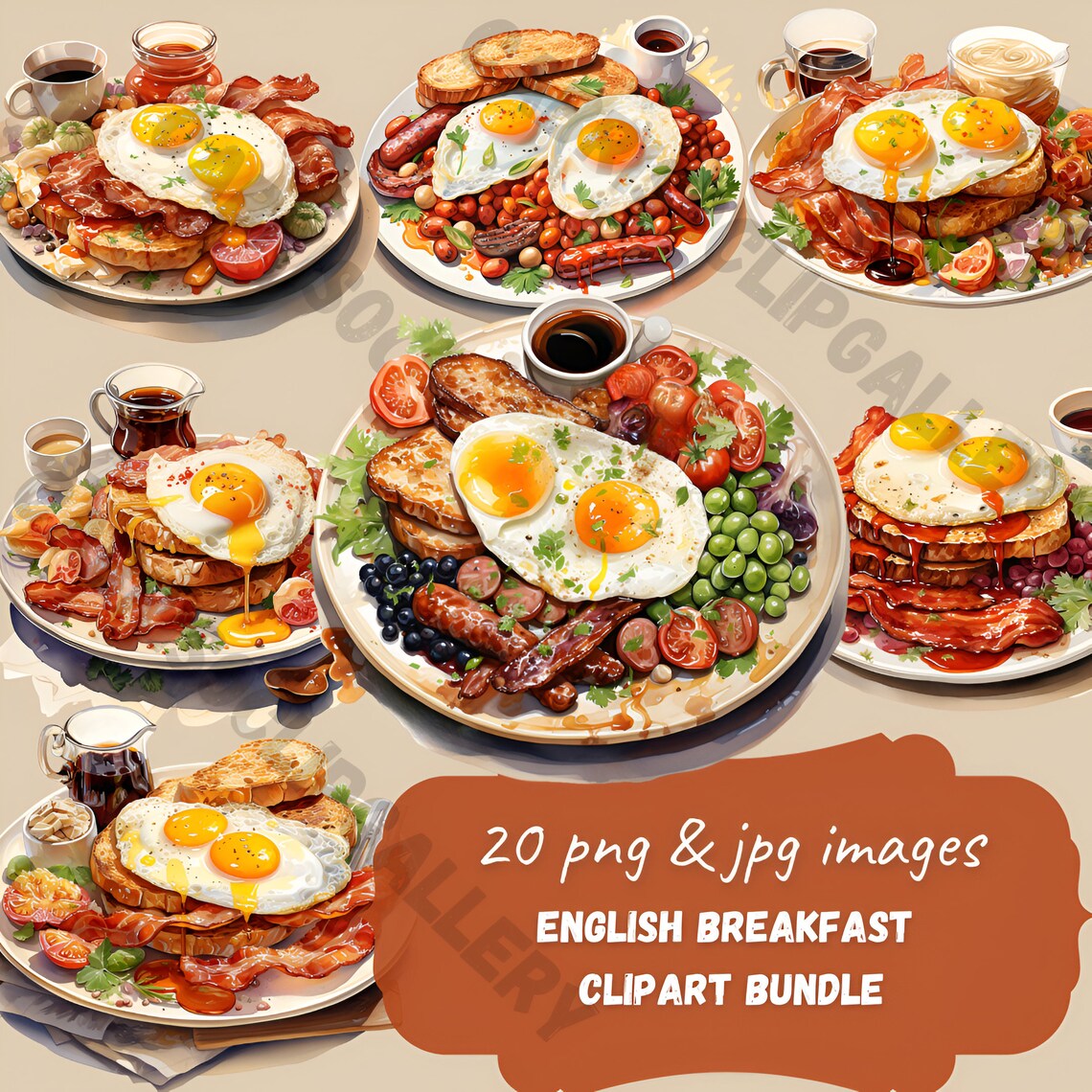 Watercolor Breakfast Food Clipart, 20 High Resolution PNG, English ...
