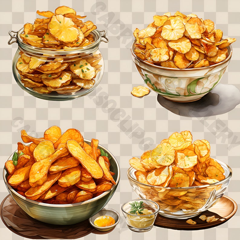 Watercolor Bowl of Chips Clipart,20 High Resolution PNG, Fast Food ...