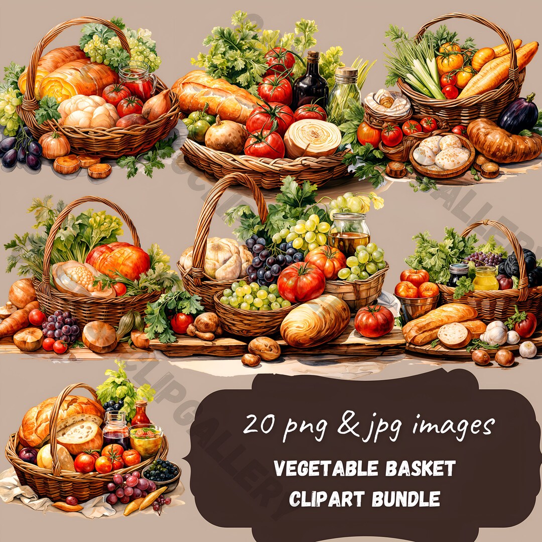 Watercolor Vegetable Basket Clipart, 20 High Resolution PNG, Vegetable ...