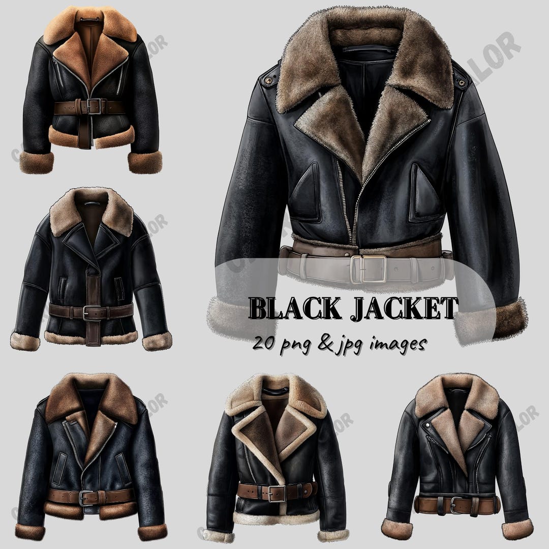 Black Leather Jacket Watercolor Clipart Bundle, Transparent ,digital ...