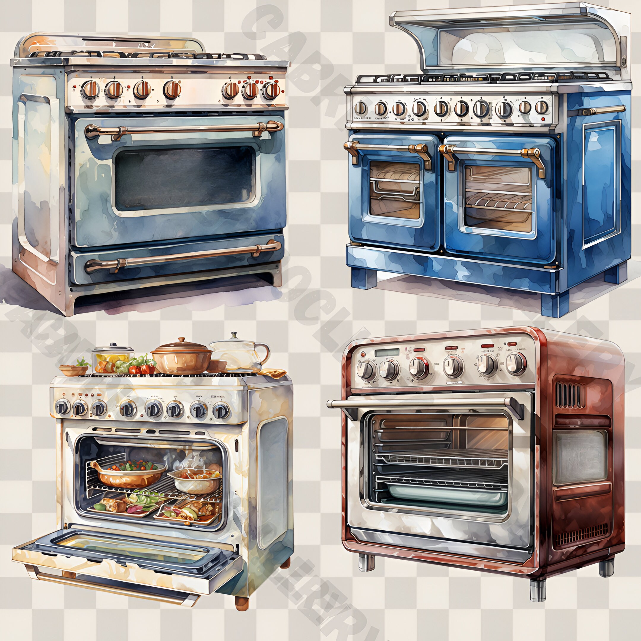 Watercolor Kitchen Decor Clipart, 20 High Resolution PNG, Oven Clipart ...