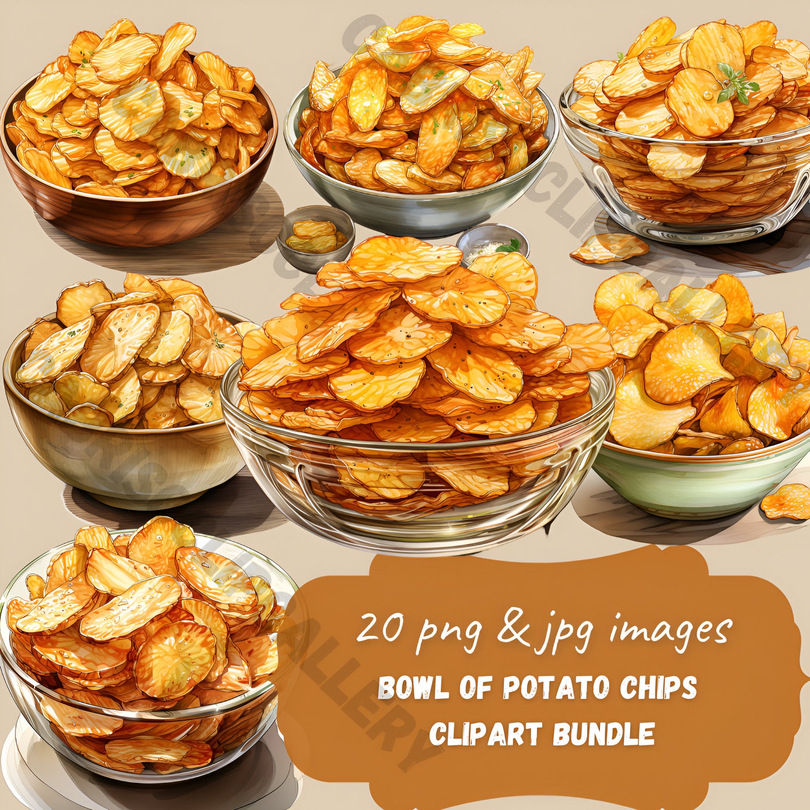 Watercolor Bowl of Chips Clipart,20 High Resolution PNG, Fast Food ...