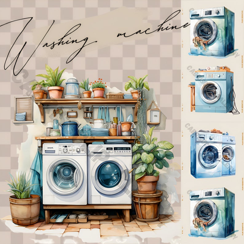 Kitchen Decor, Washing Machine Watercolor Clipart, Washing Mashine Png ...