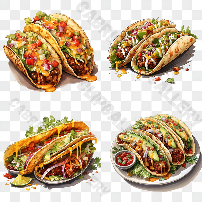Food, Snacks Watercolor Clipart, Tacos Png Graphics, Tacos, Chicken ...