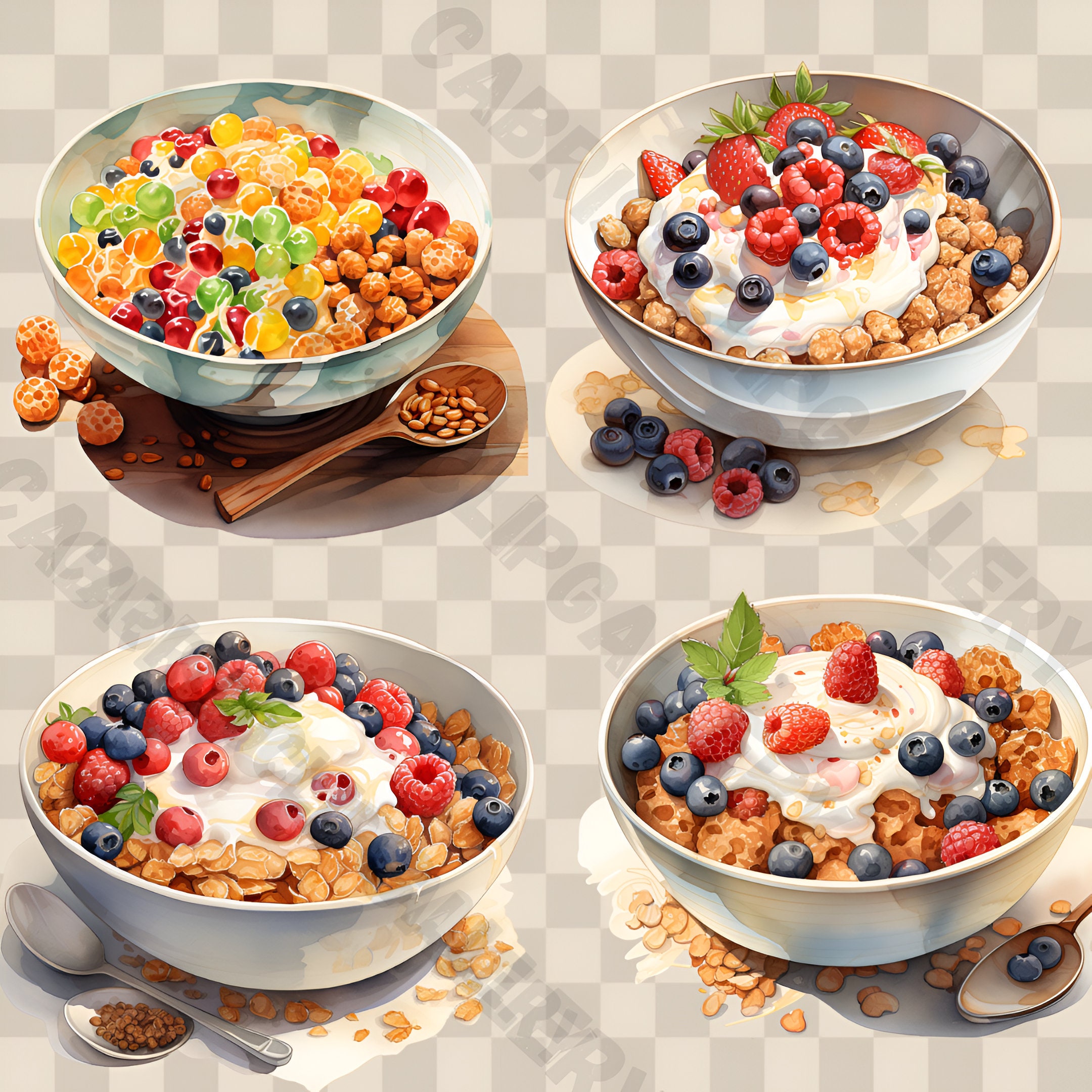 Watercolor Breakfast Food Clipart, 20 High Resolution PNG, Cereal ...