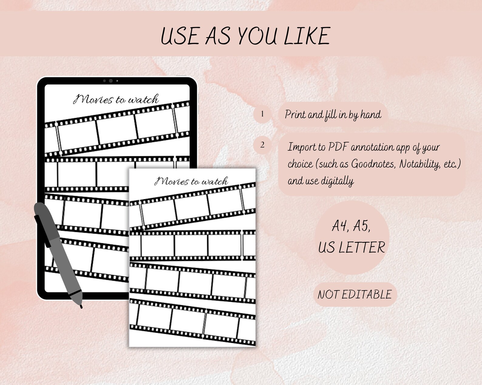 Movie Watching Journal Tracker, Printable Movie List, Movie Log ...