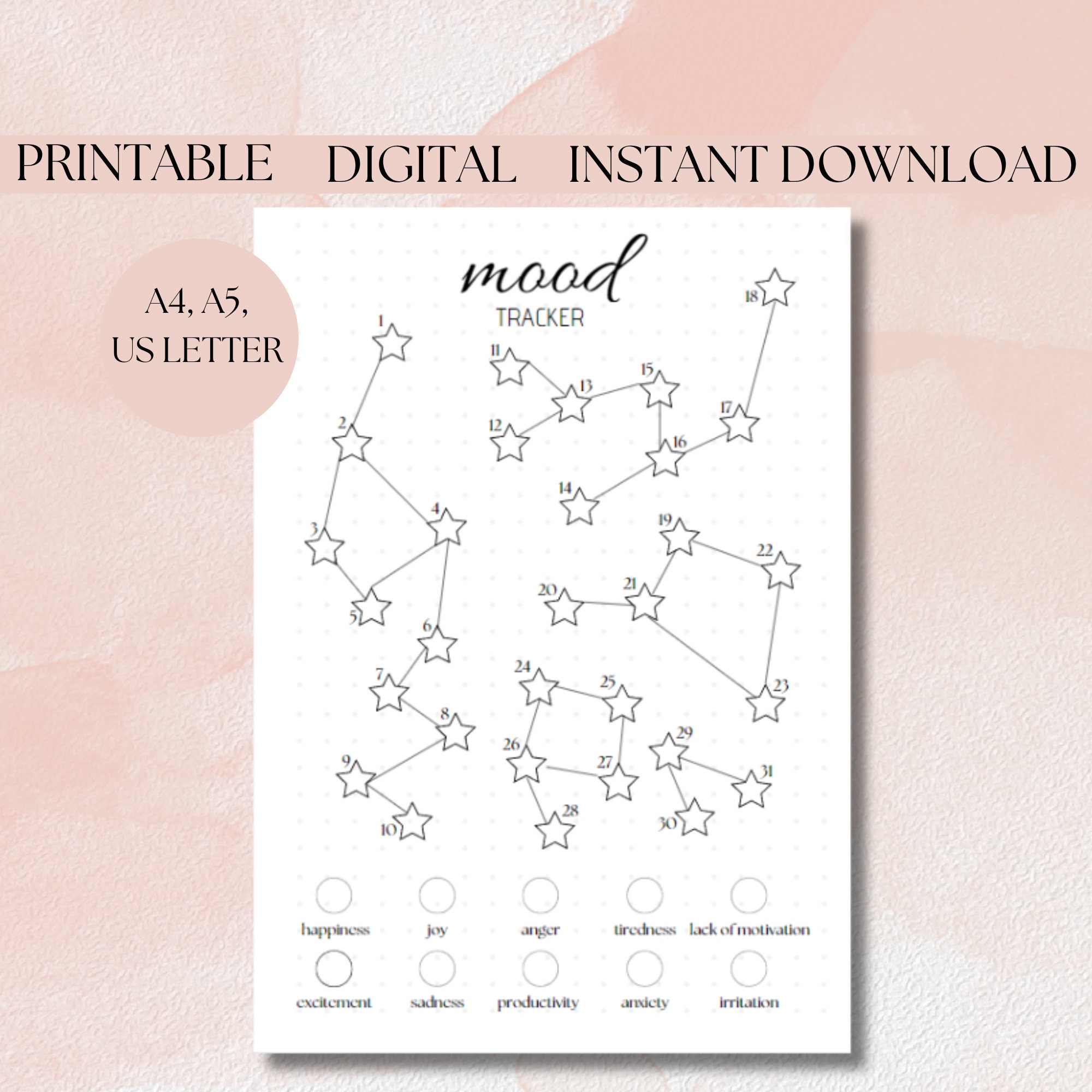 Stars Mood Tracker Printable, Mental Health Tracker, Mood Track Bullet ...