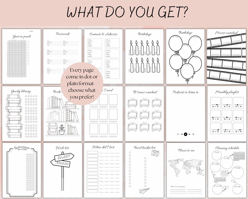 Bullet Journal Printable Template Set, Bullet Journal Page Bundle ...