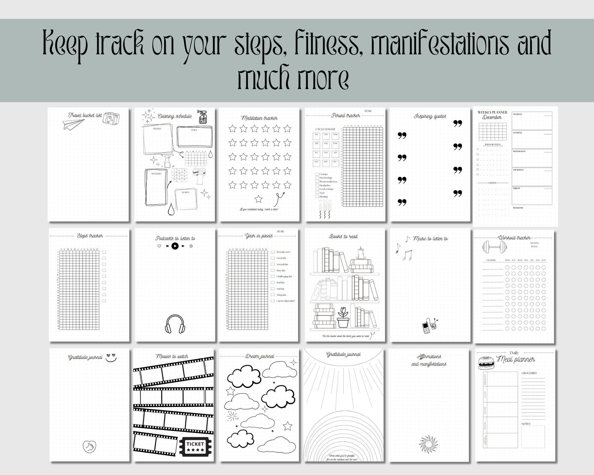 Bullet Journal Printable Template Set, Undated Printable Bullet Journal ...