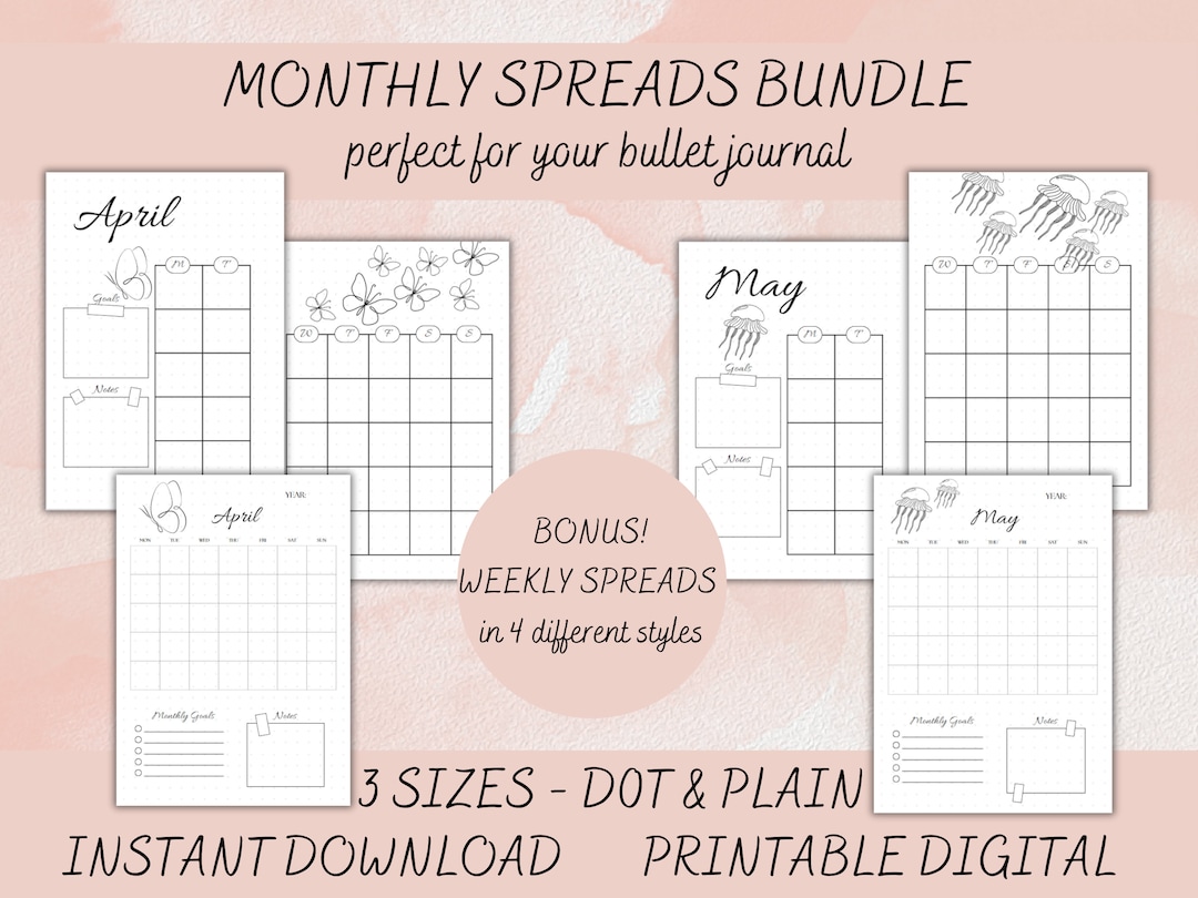 Monthly Spread Bullet Journal Monthly Planner Inserts Printable Planner ...