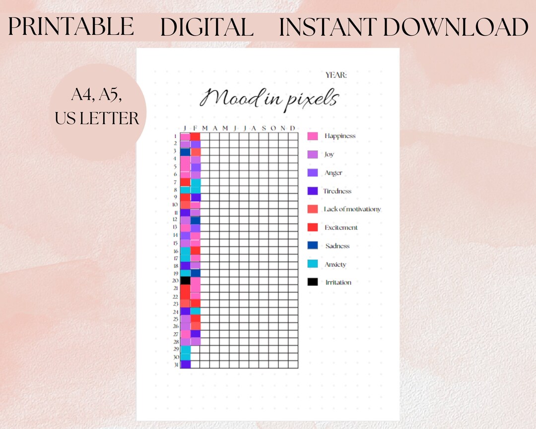 Mood in Pixels A4 A5 US Letter Printable Tracker Daily Tracker Daily Mood Tracker Feeling ...
